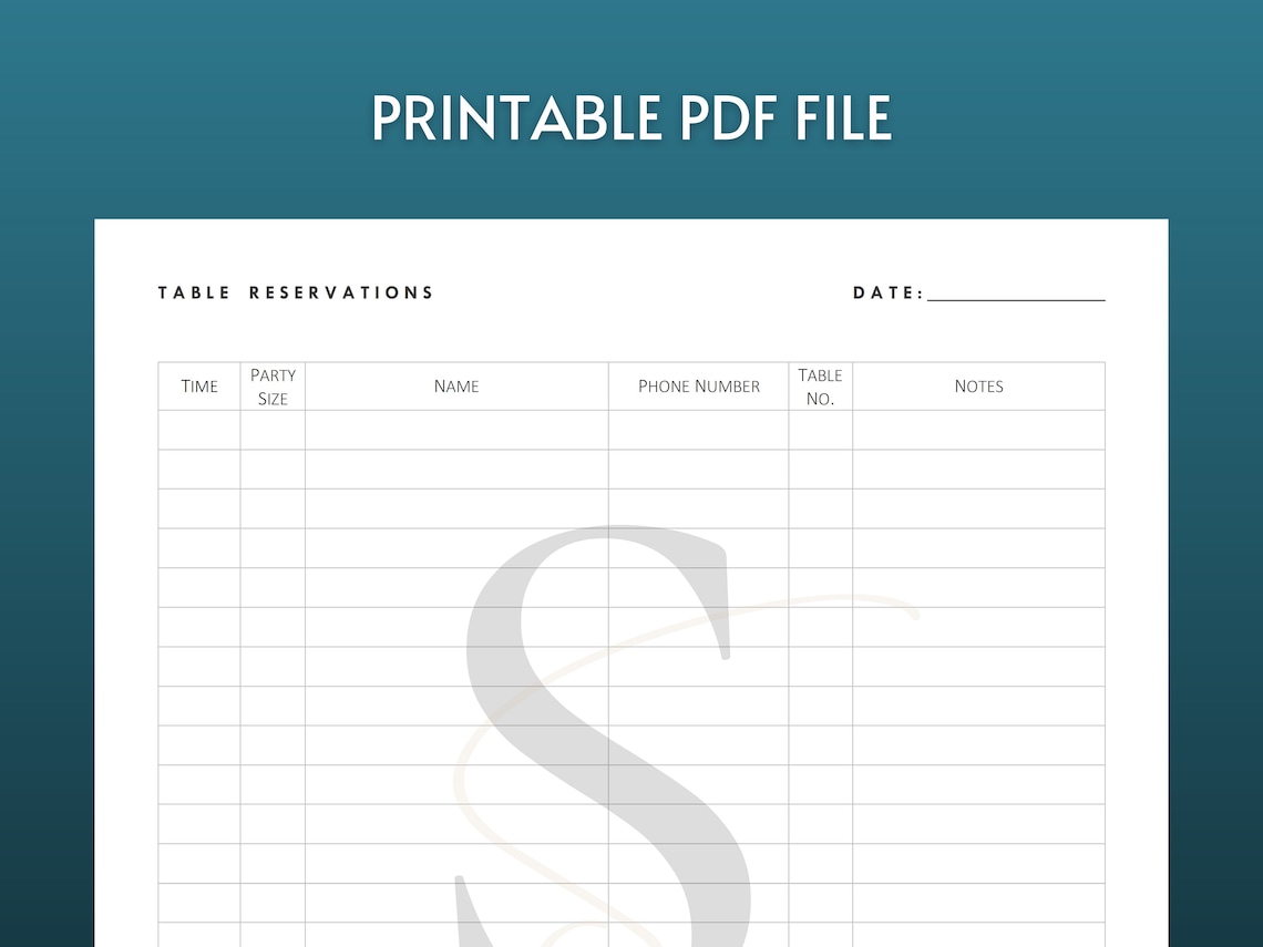 Printable Table Reservation List Digital Download Restaurant Seating ...
