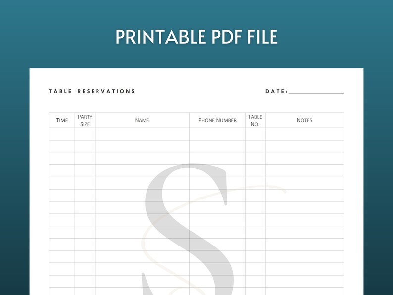 Printable Table Reservation List Digital Download Restaurant Seating ...