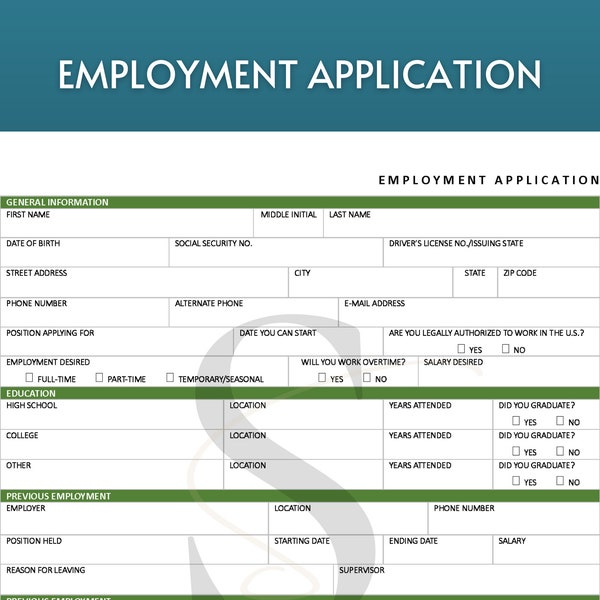 One Page Job Application - Etsy