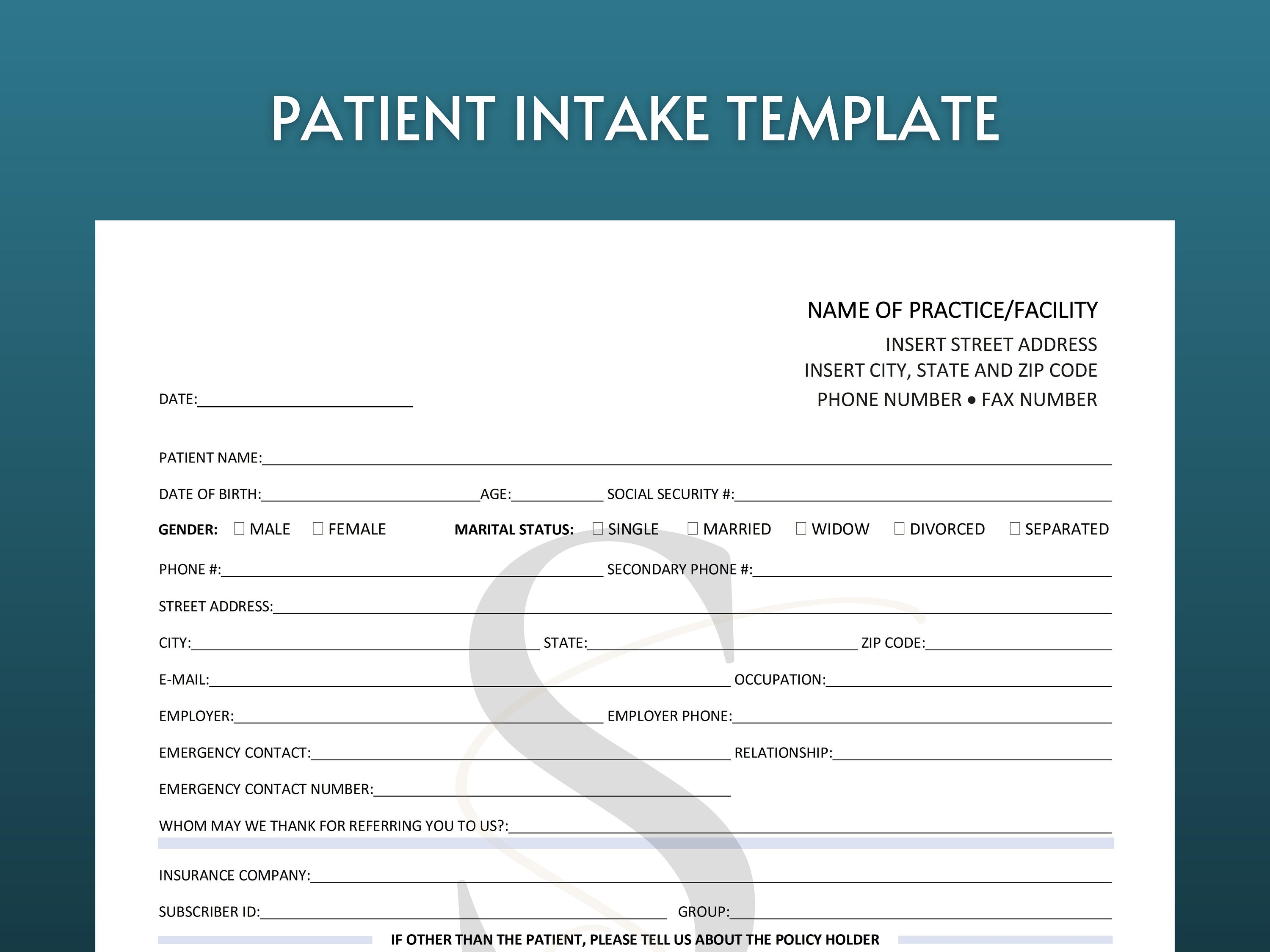 Printable New Patient Intake Form Digital Download Patient Etsy UK
