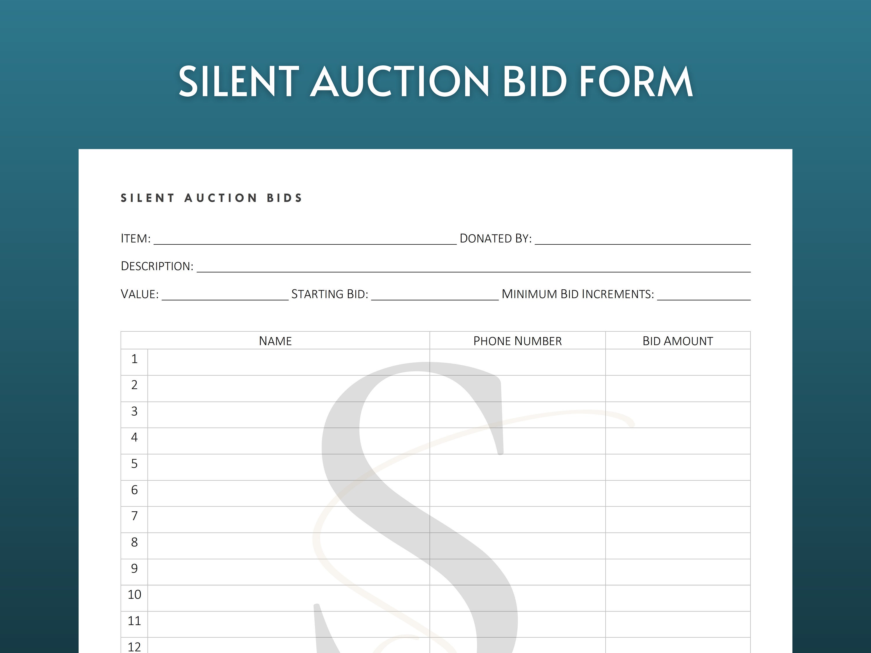 Printable Silent Auction Bid Sheet Digital Download Auction Planning ...
