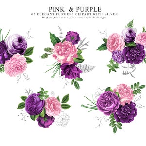 Pink and Purple Floral Bouquets Clipart Digital Instant - Etsy