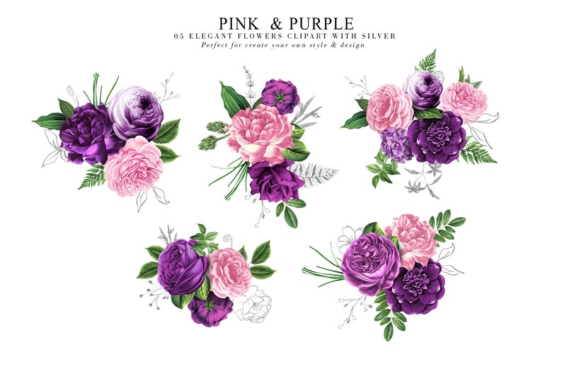 Pink and Purple Floral Bouquets Clipart Digital Instant - Etsy