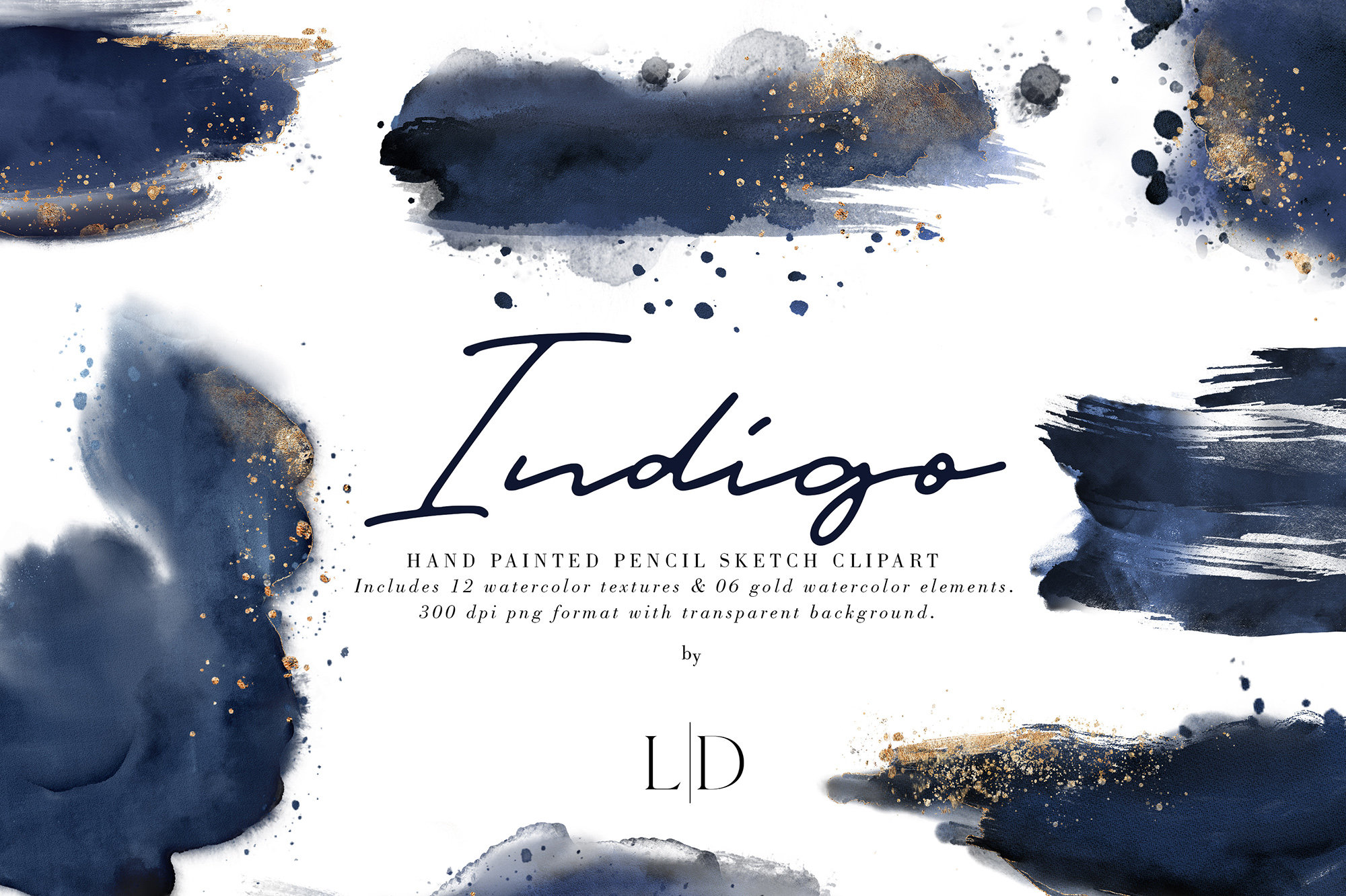 Indigo With Gold Watercolor Splash and Brush Stroke Clipart - Etsy UK