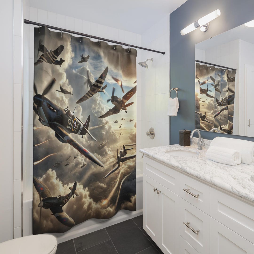 WW2 Air Battle Boys Shower Curtains - Aviation Bathroom Decor, Fighter ...