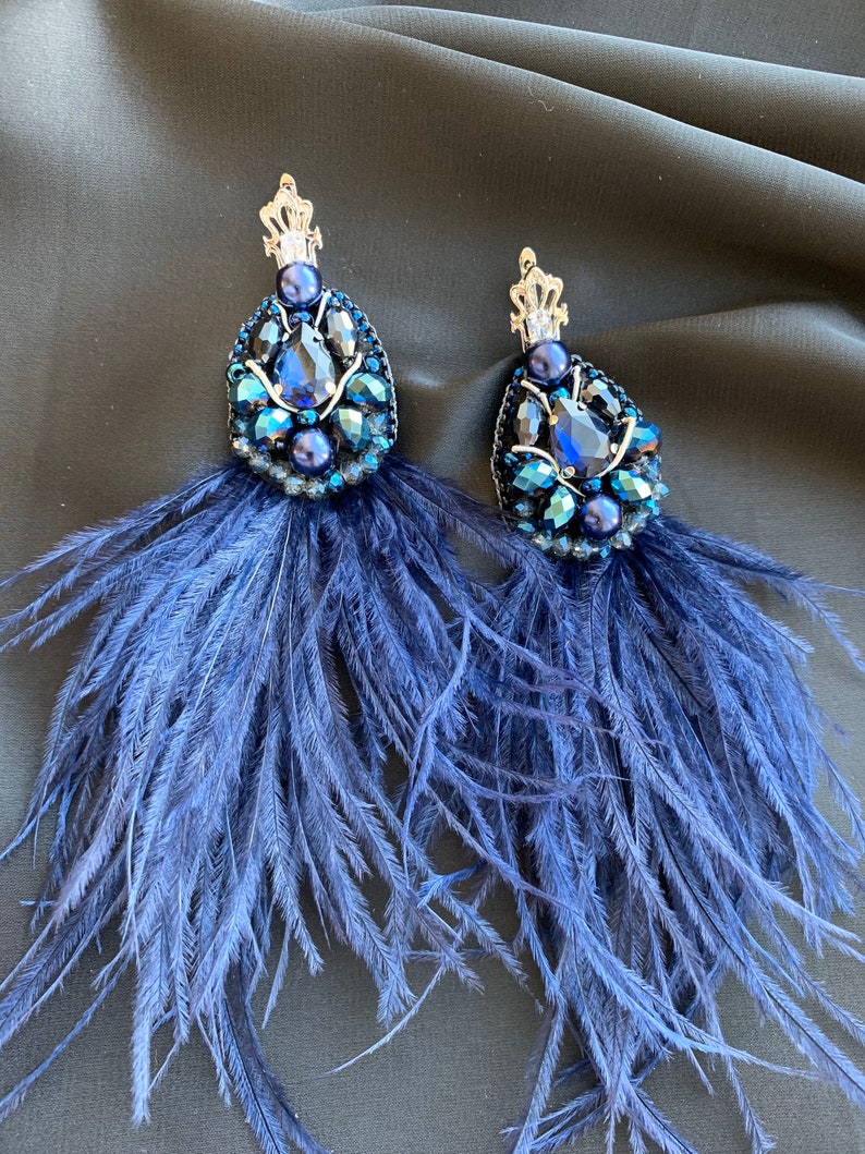 Blue long ostrich feather earrings Dangle woman fashion | Etsy