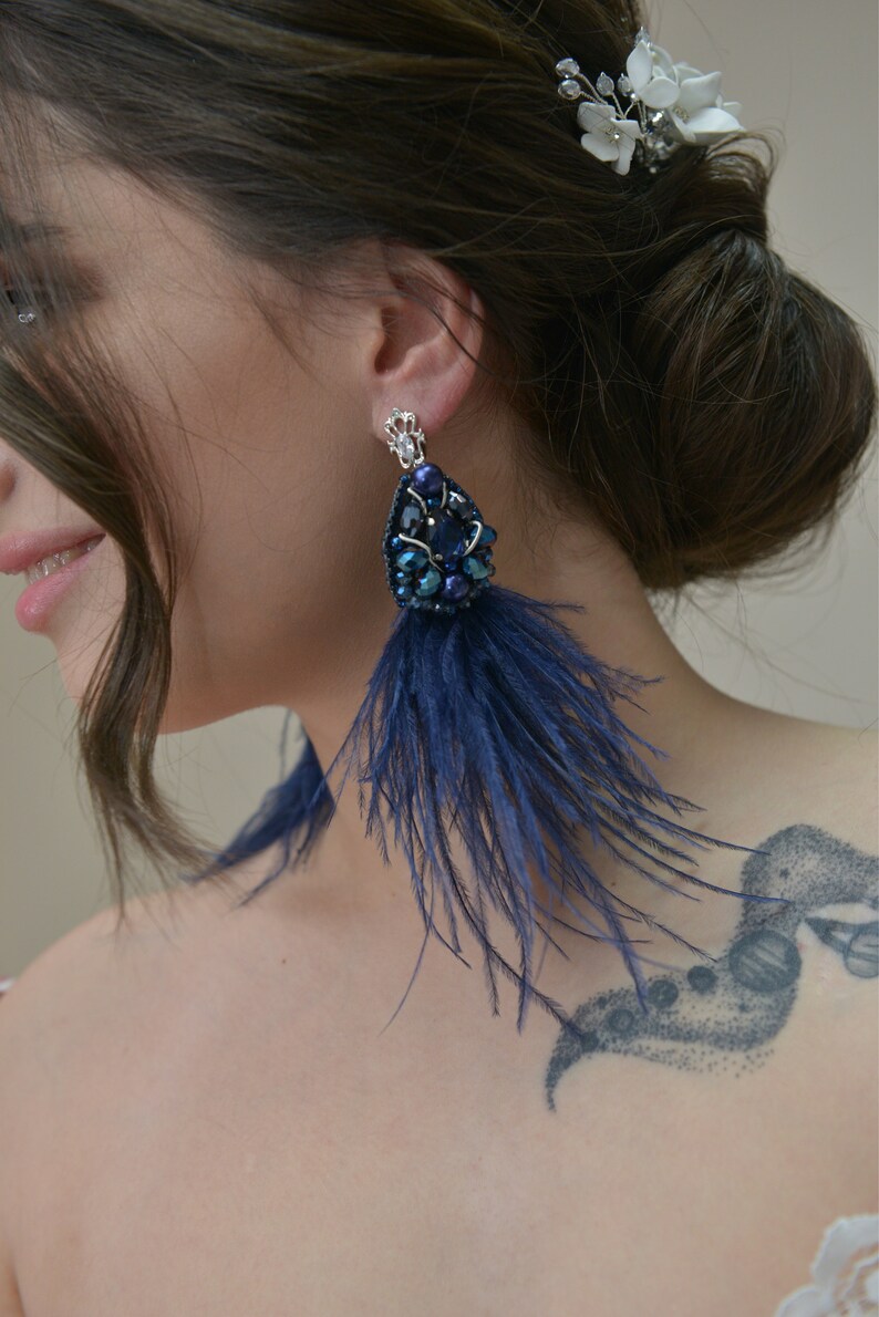 Blue long ostrich feather earrings Dangle woman fashion | Etsy