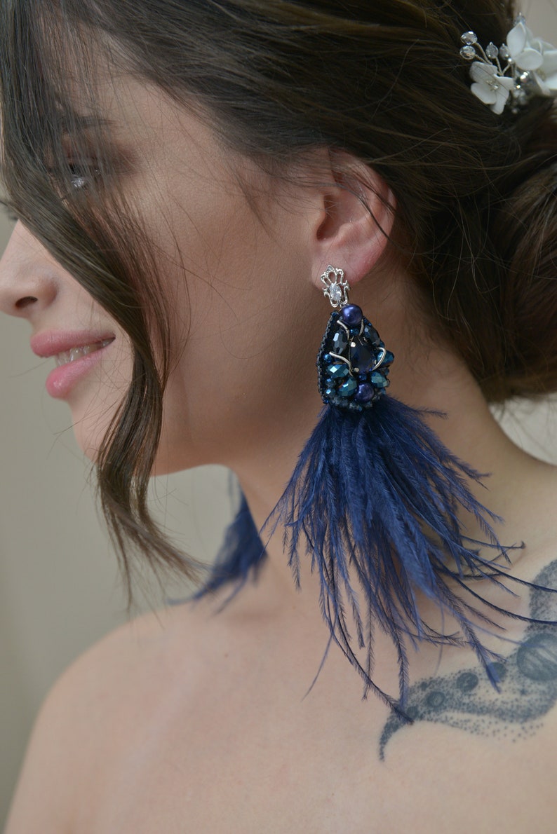 Blue long ostrich feather earrings Dangle woman fashion | Etsy