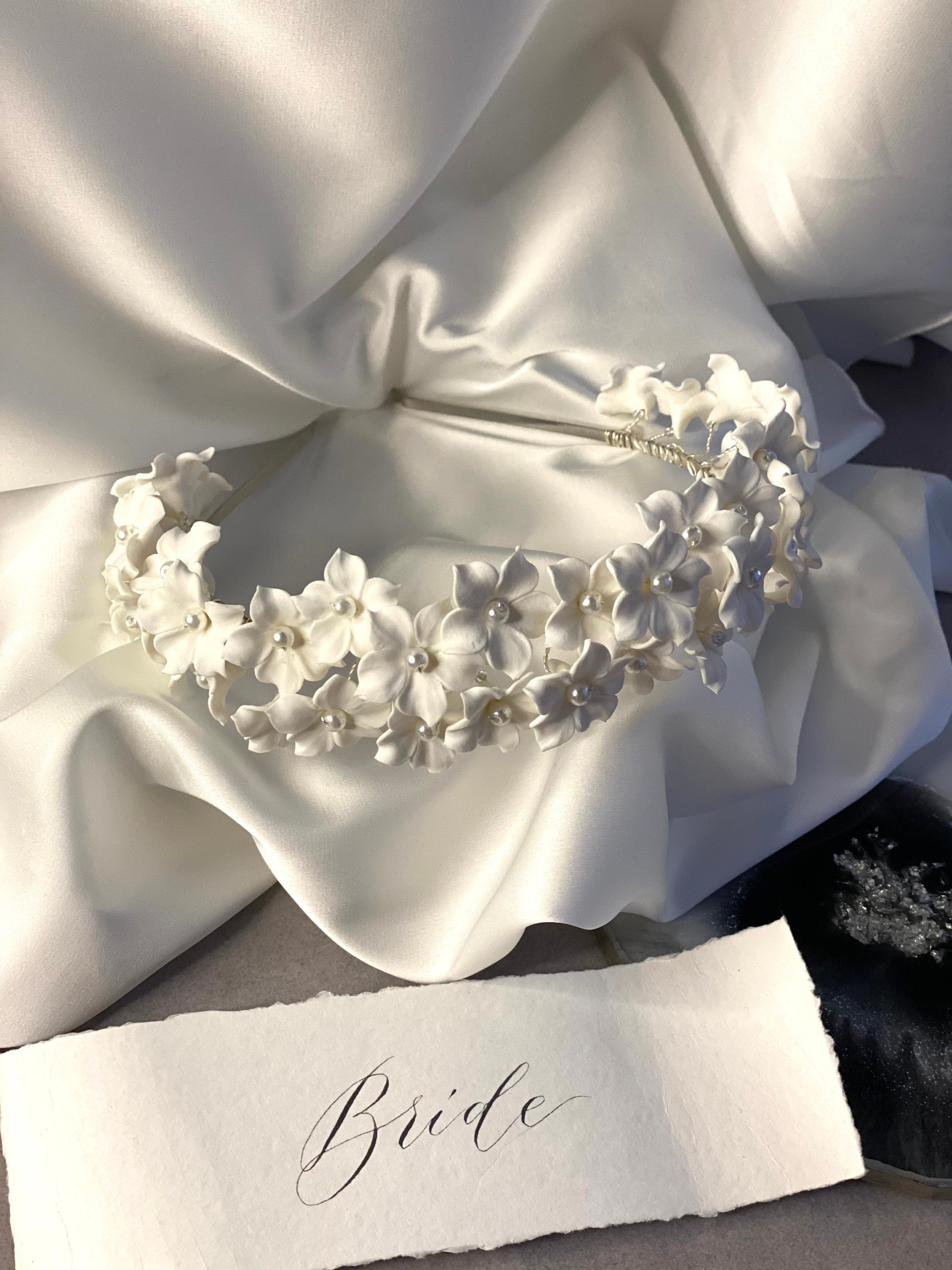 Clay Flower Tiara, Floral Tiara, White Floral Crown, Wedding Floral ...