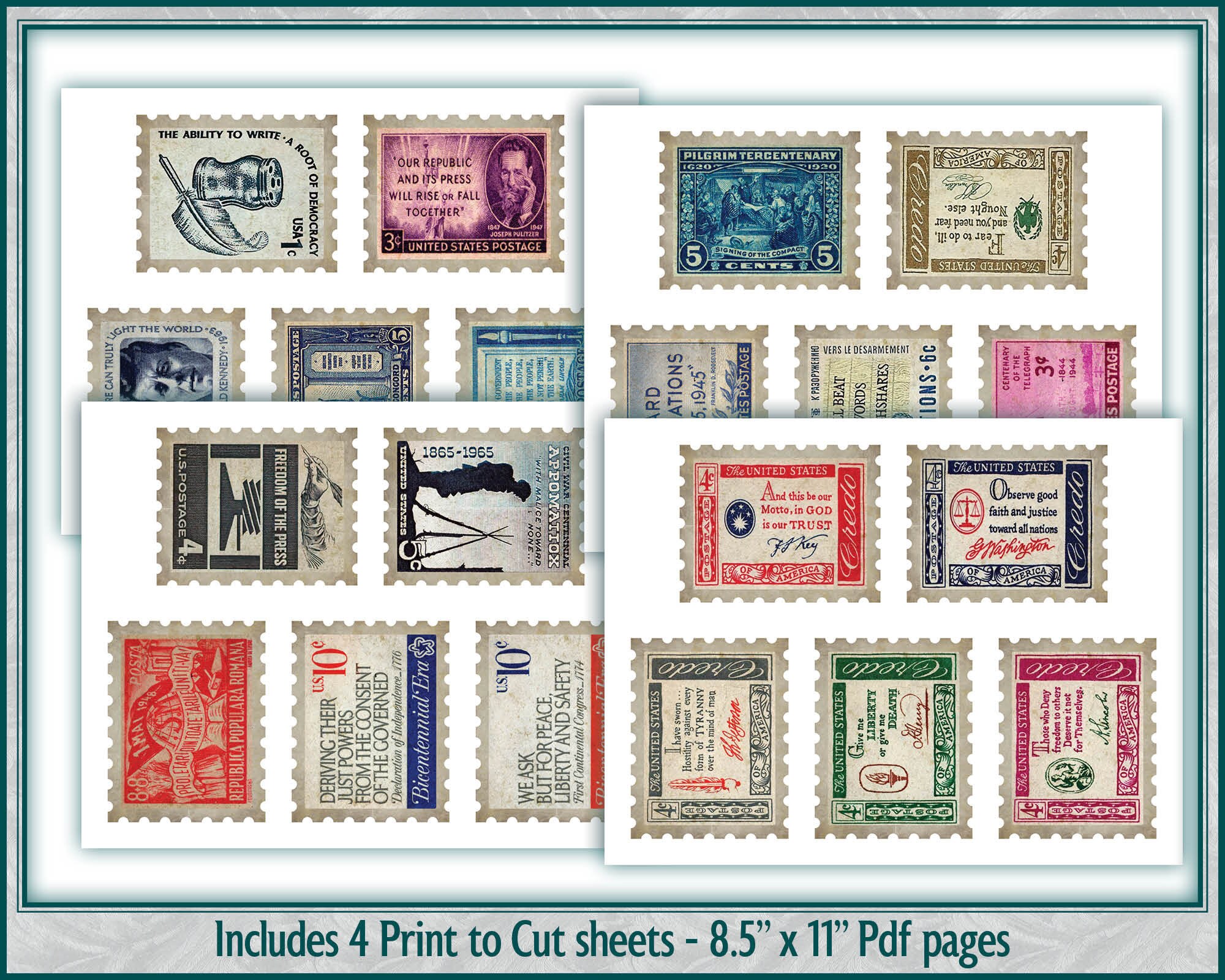 Aged Quotation Text Postage Stamps Digital Download Set Junk Journals ...