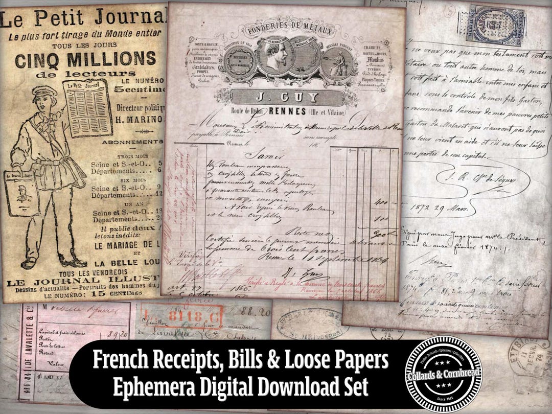 French Receipts, Bills & Papers Ephemera Digital Download Set for Junk ...