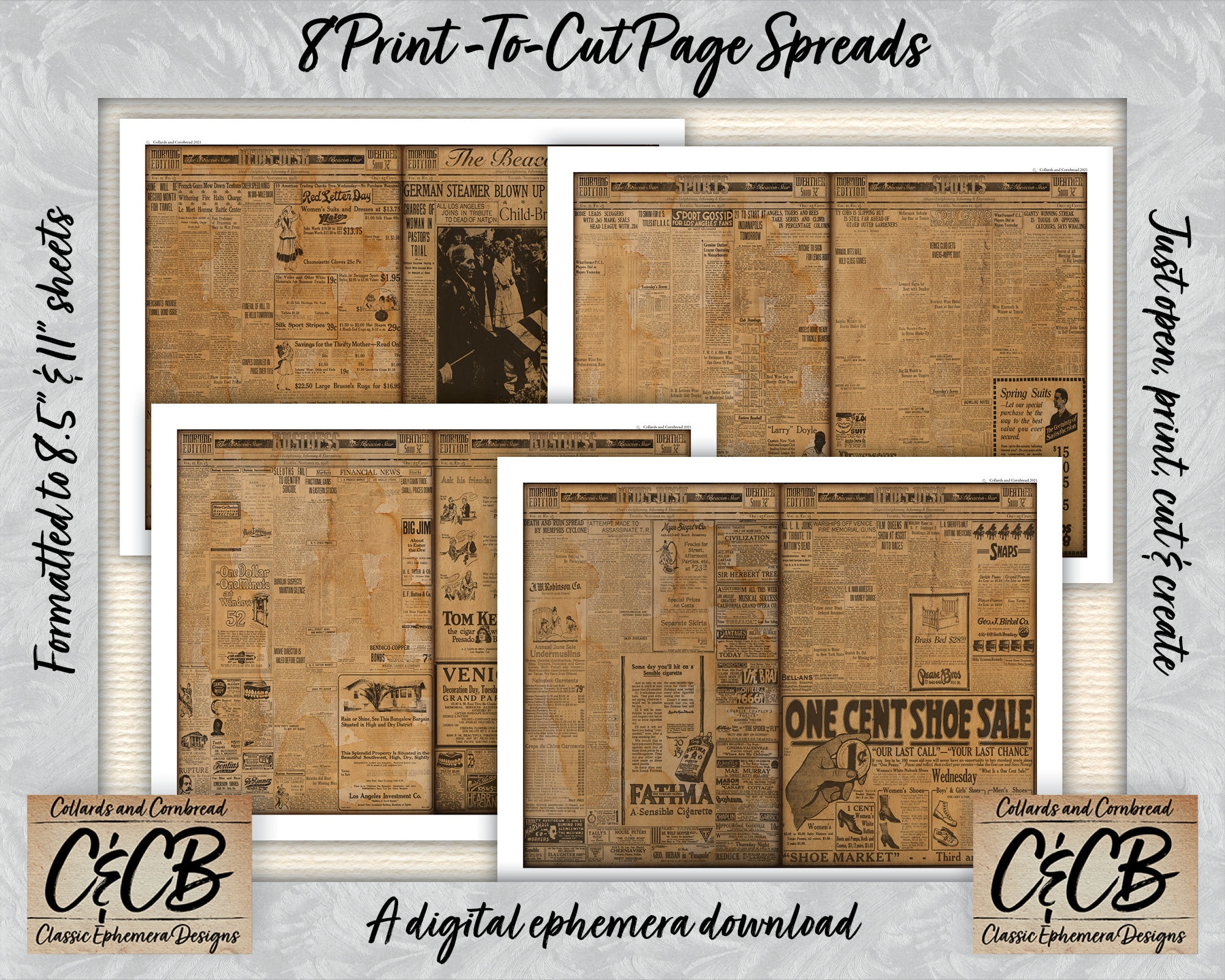 Grunged & Tea Stained Newspaper Junk Journal Pages Digital Download Set ...