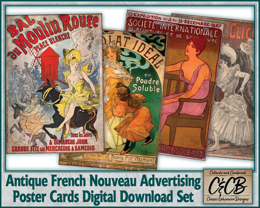 Antique French Nouveau Advertising Poster Cards Digital Download for ...
