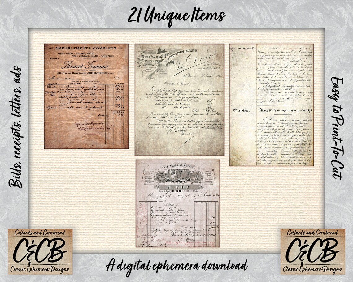 French Receipts Bills & Papers Ephemera Digital Download Set - Etsy