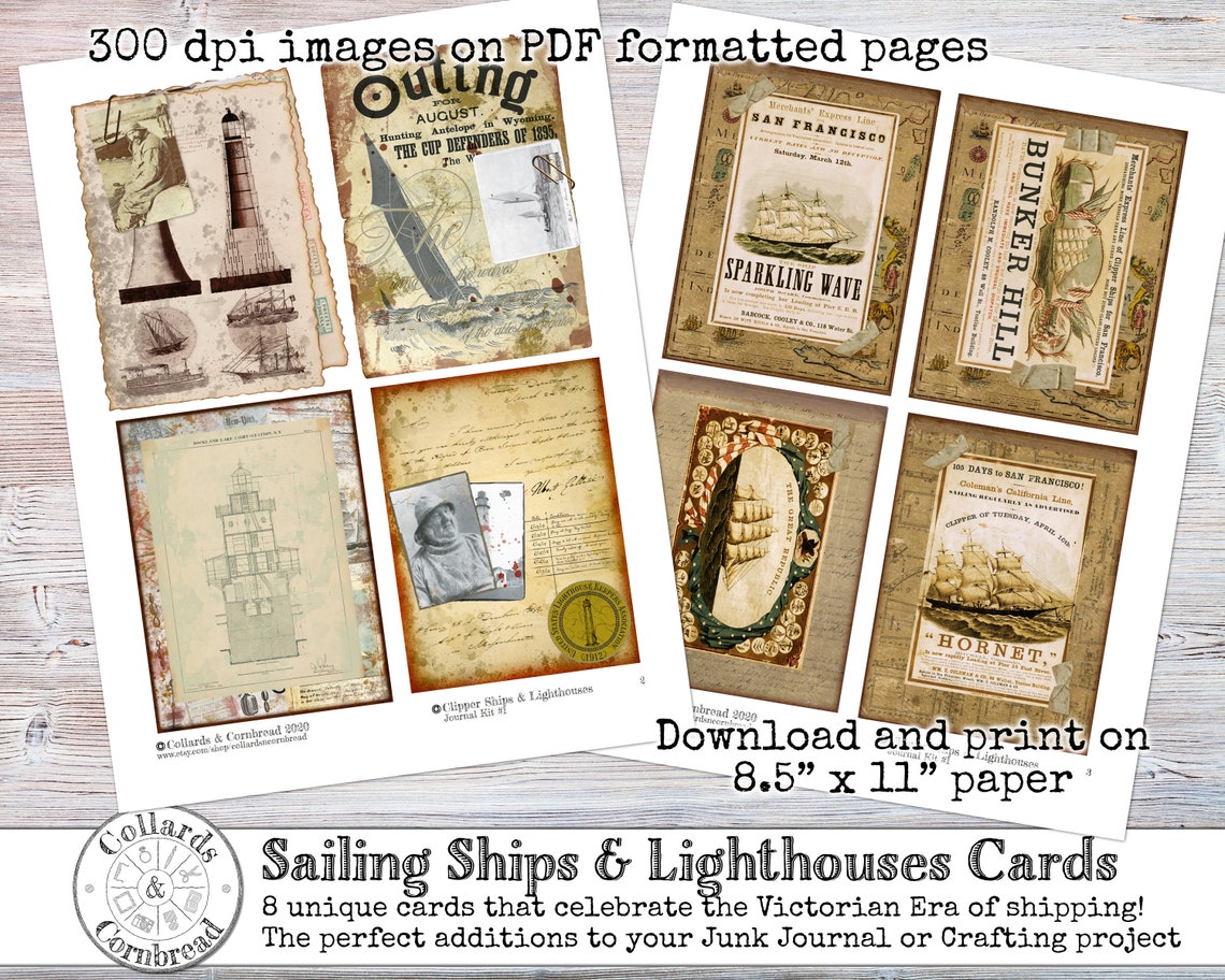 Victorian Era Lighthouses and Sailing Ships Junk Journal Card Kit With ...