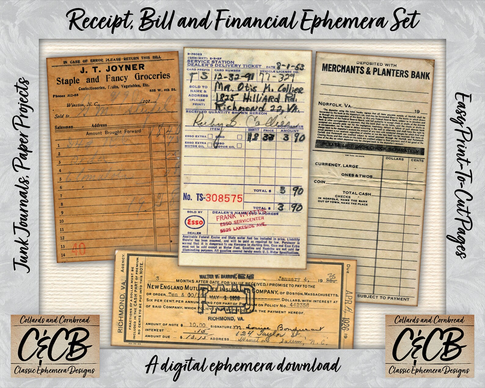 Reciept, Bill and Financial Ephemera Digital Download Set for Junk ...