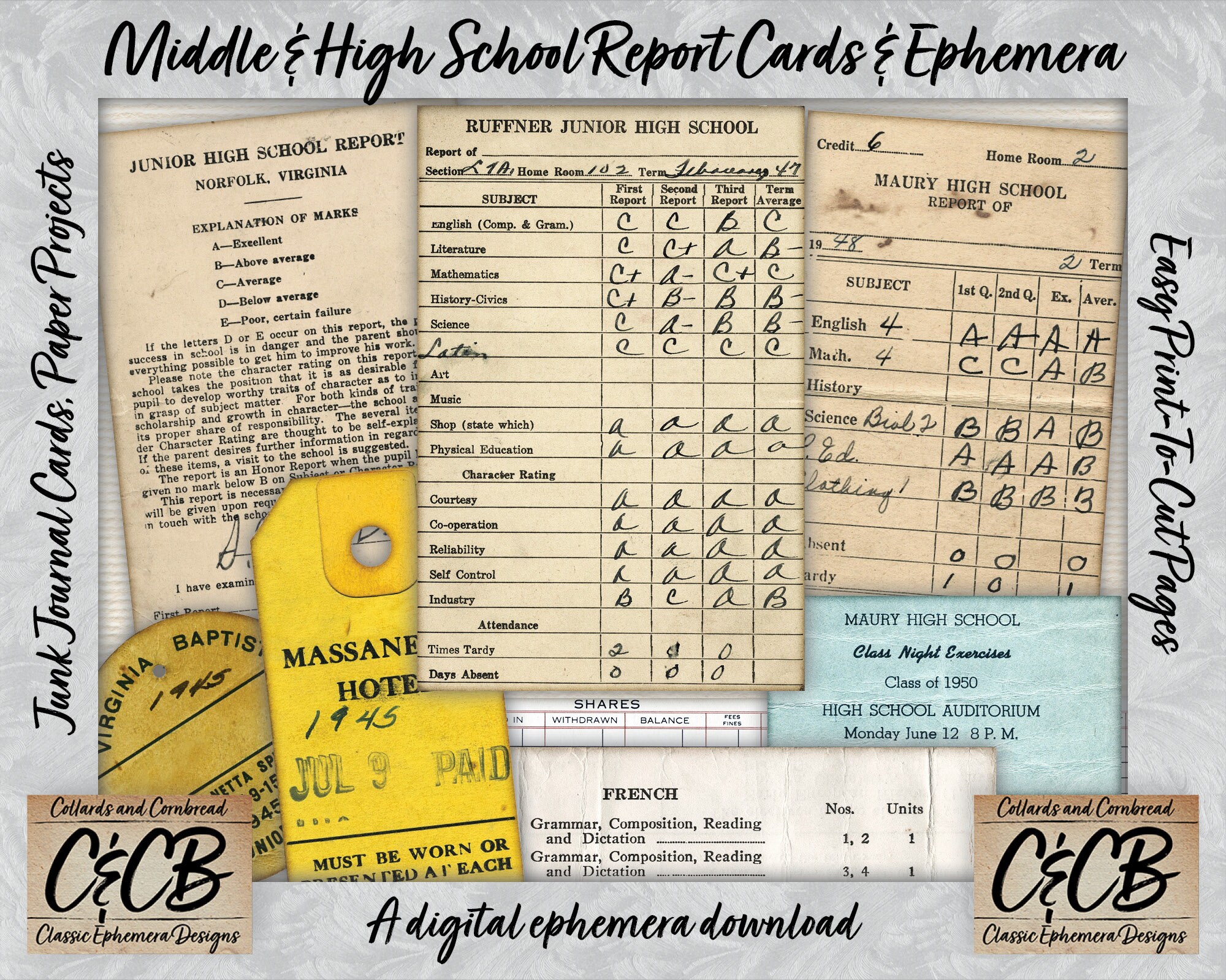Vintage Report Cards, Tags & Papers Digital Download Ephemera Set for ...