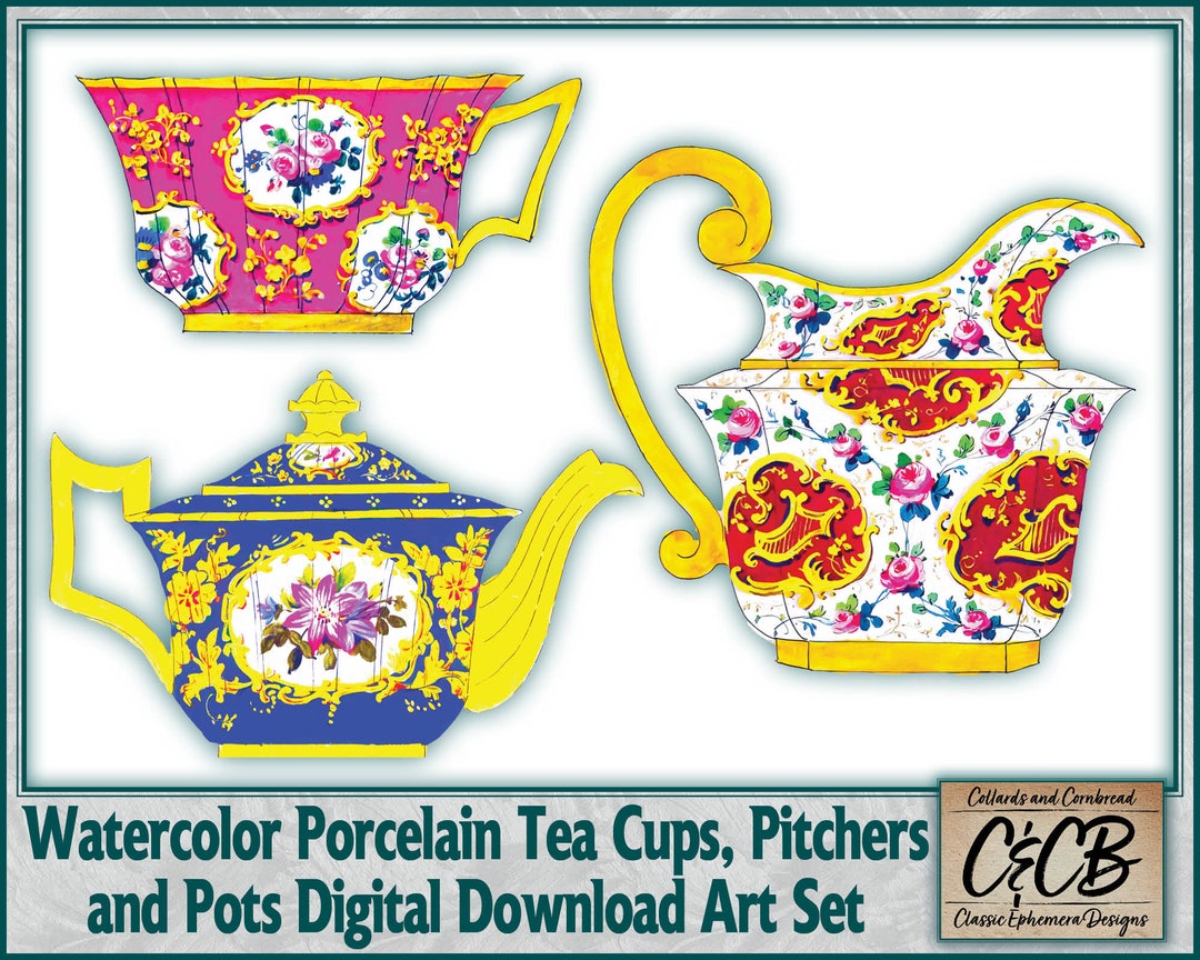 Watercolor Porcelain Tea Cups, Pitchers and Pots Digital Download ...