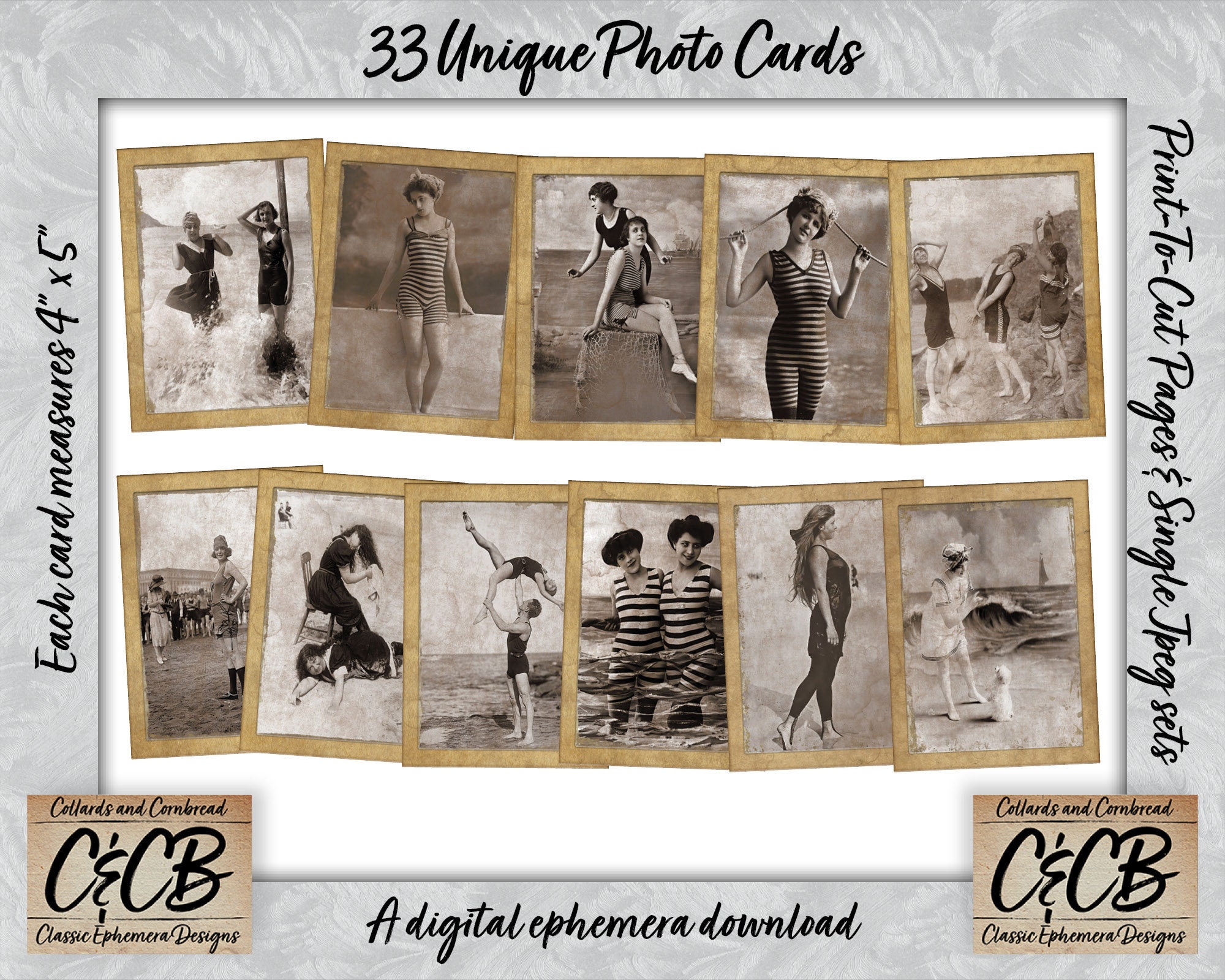 Old Time Bathing Suit Photo Cards Digital Download Ephemera Set for ...