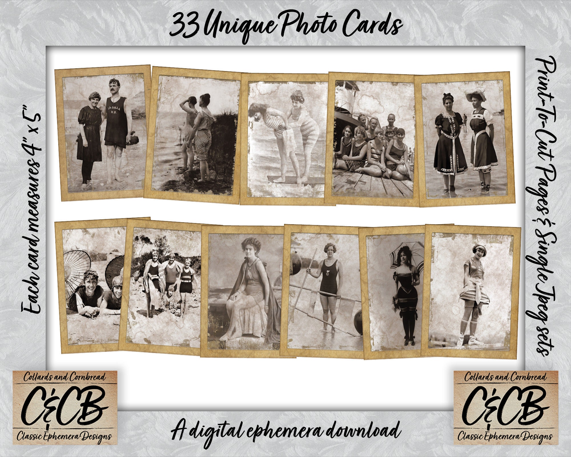 Old Time Bathing Suit Photo Cards Digital Download Ephemera Set for ...
