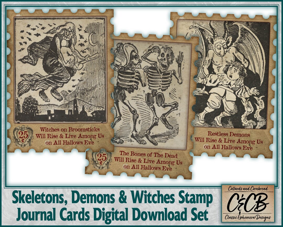 Skeletons, Demons & Witches Stamp Journal Cards Digital Download Set ...