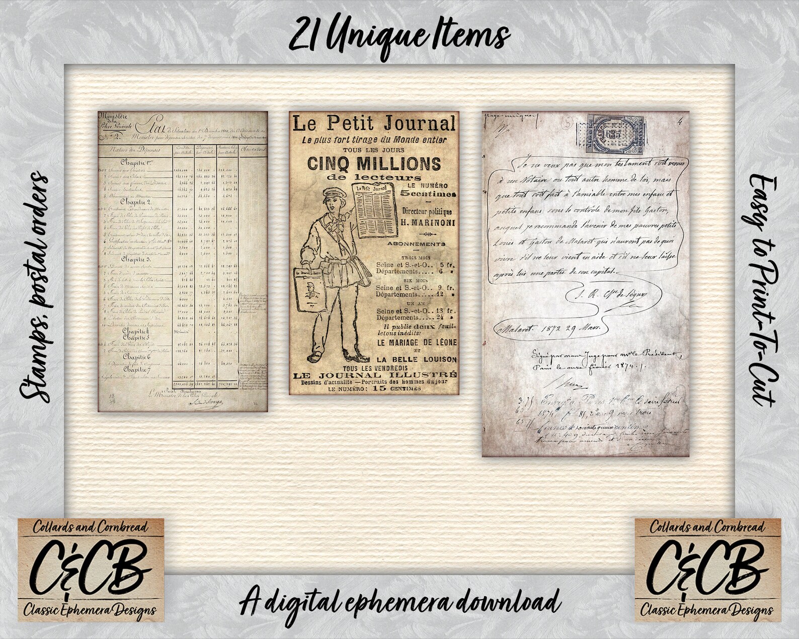 French Receipts, Bills & Papers Ephemera Digital Download Set for Junk ...