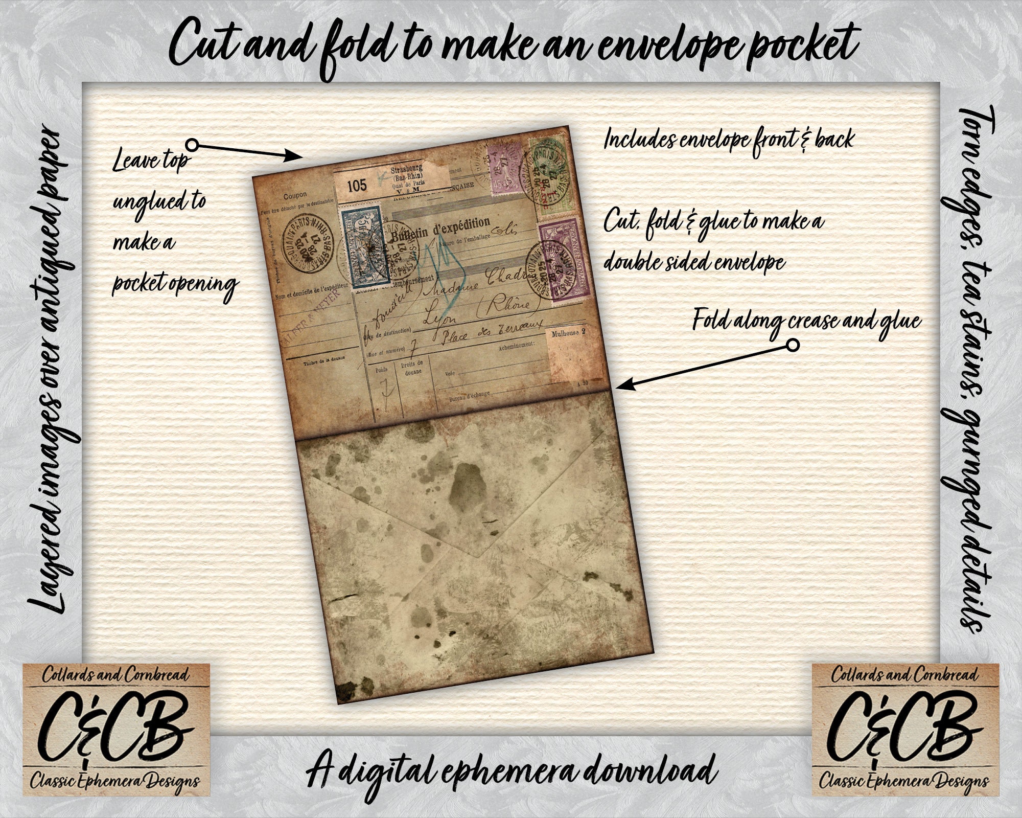 French Grunged and Stained Folding Double Sided Envelope Pockets ...