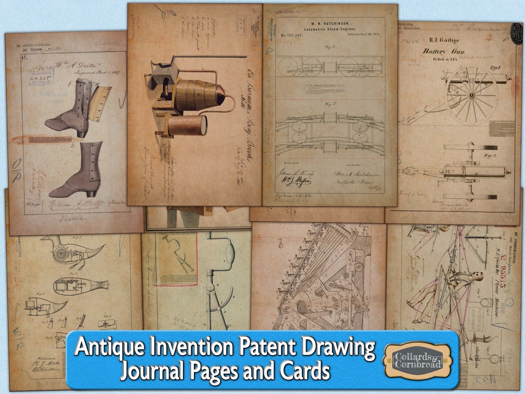 Antique Invention Patent Drawing Journal Pages and Cards Digital ...