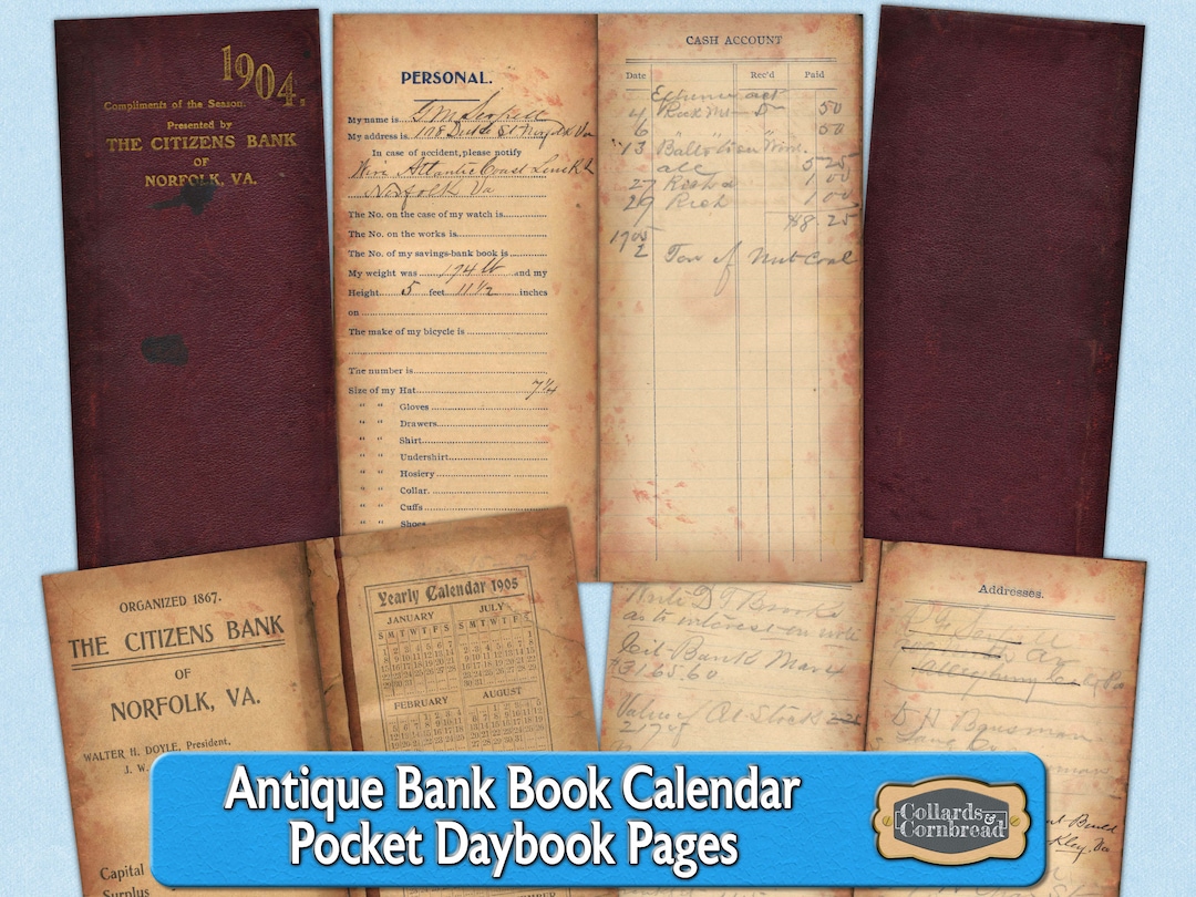 Antique Bank Book Calendar Pocket Daybook Pages Digital Download Print ...