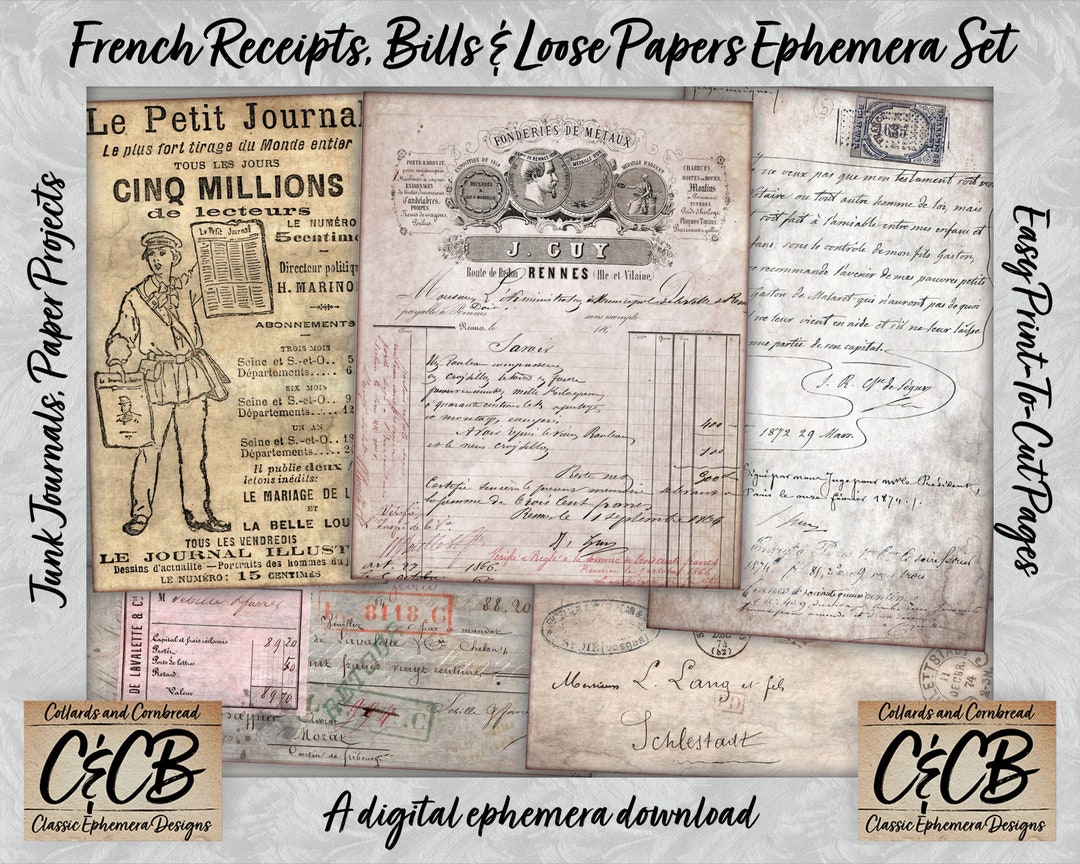 French Receipts, Bills & Papers Ephemera Digital Download Set for Junk ...