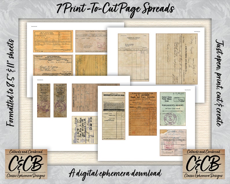 Reciept, Bill and Financial Ephemera Digital Download Set for Junk ...