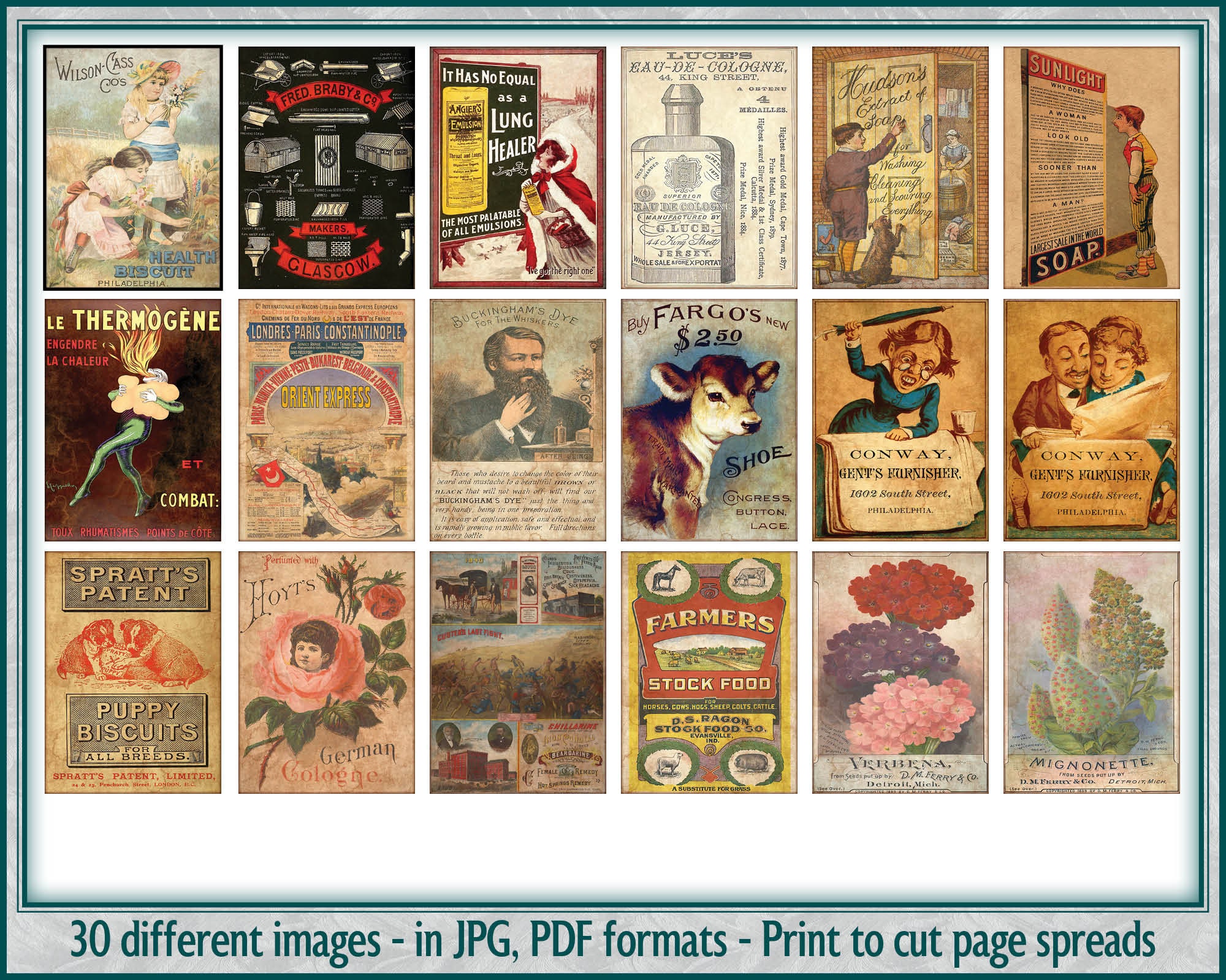 Antique Print Ad Cards Digital Download Paper Ephemera Set for Junk ...