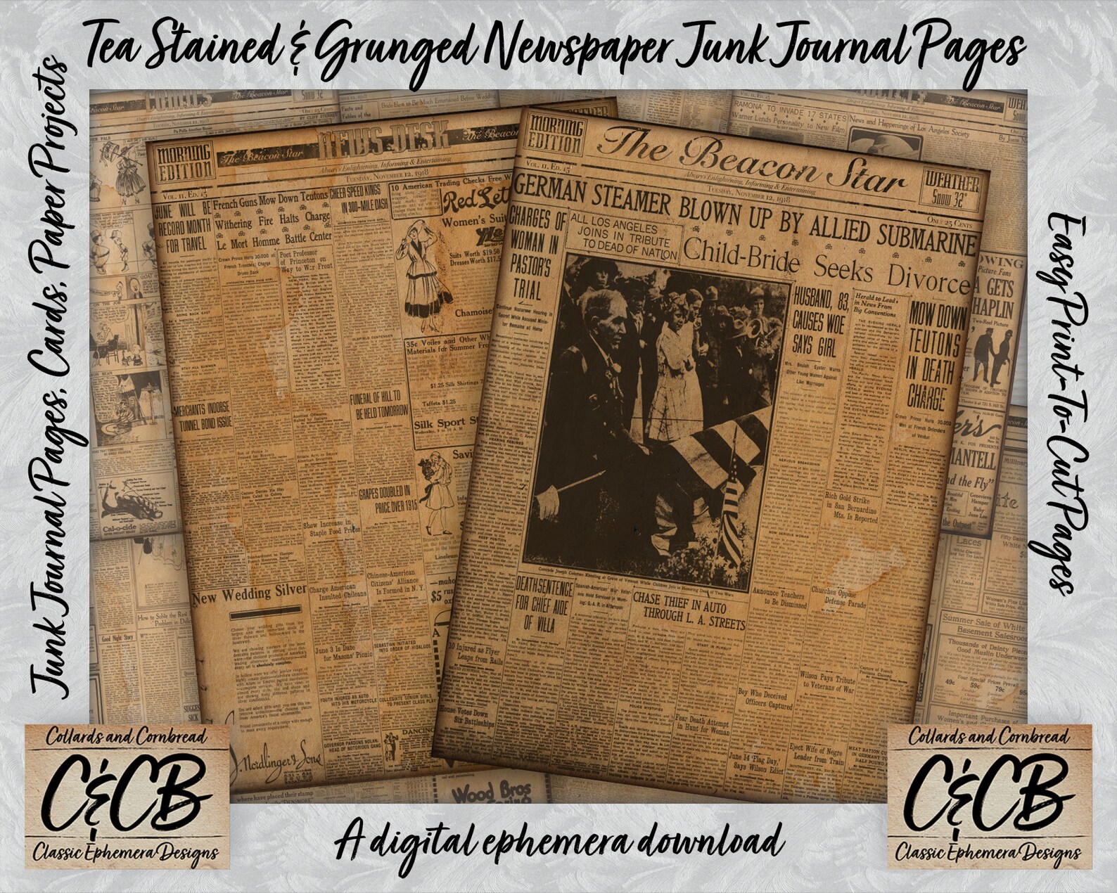 Grunged & Tea Stained Newspaper Junk Journal Pages Digital Download Set ...