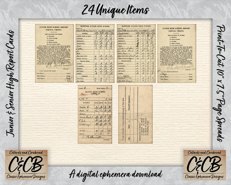 Vintage Report Cards, Tags & Papers Digital Download Ephemera Set for ...