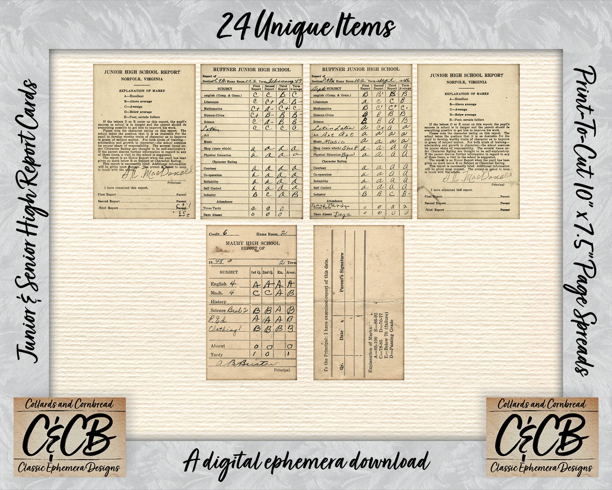 Vintage Report Cards, Tags & Papers Digital Download Ephemera Set for ...