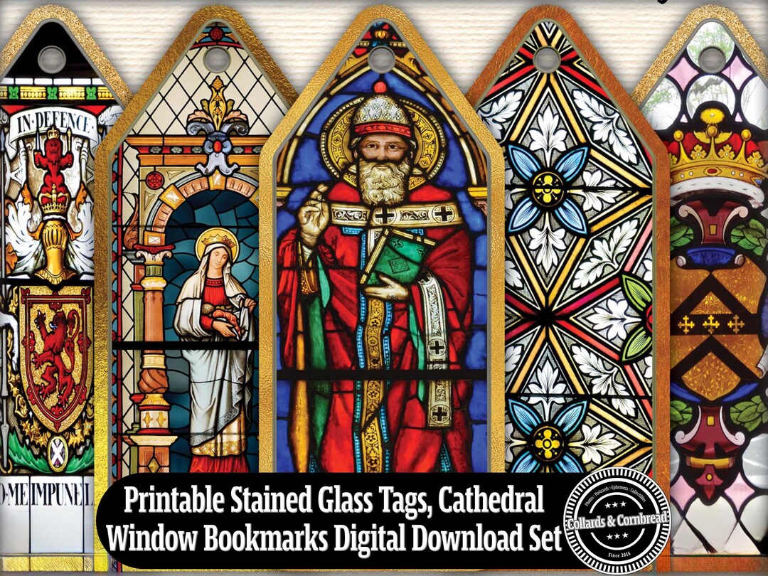 Printable Stained Glass Tags, Cathedral Window Bookmarks, Christmas ...