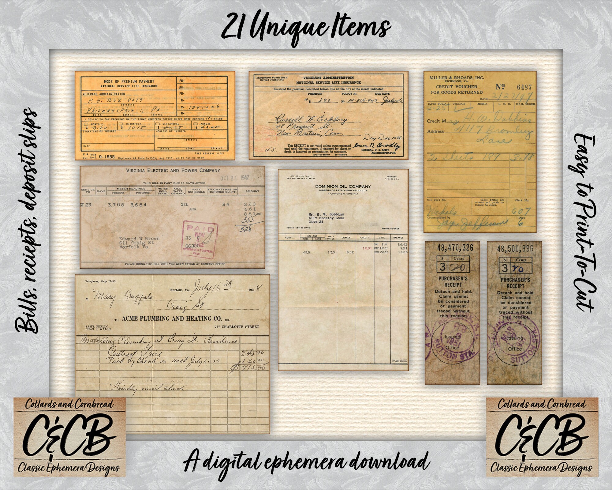 Reciept, Bill and Financial Ephemera Digital Download Set for Junk ...