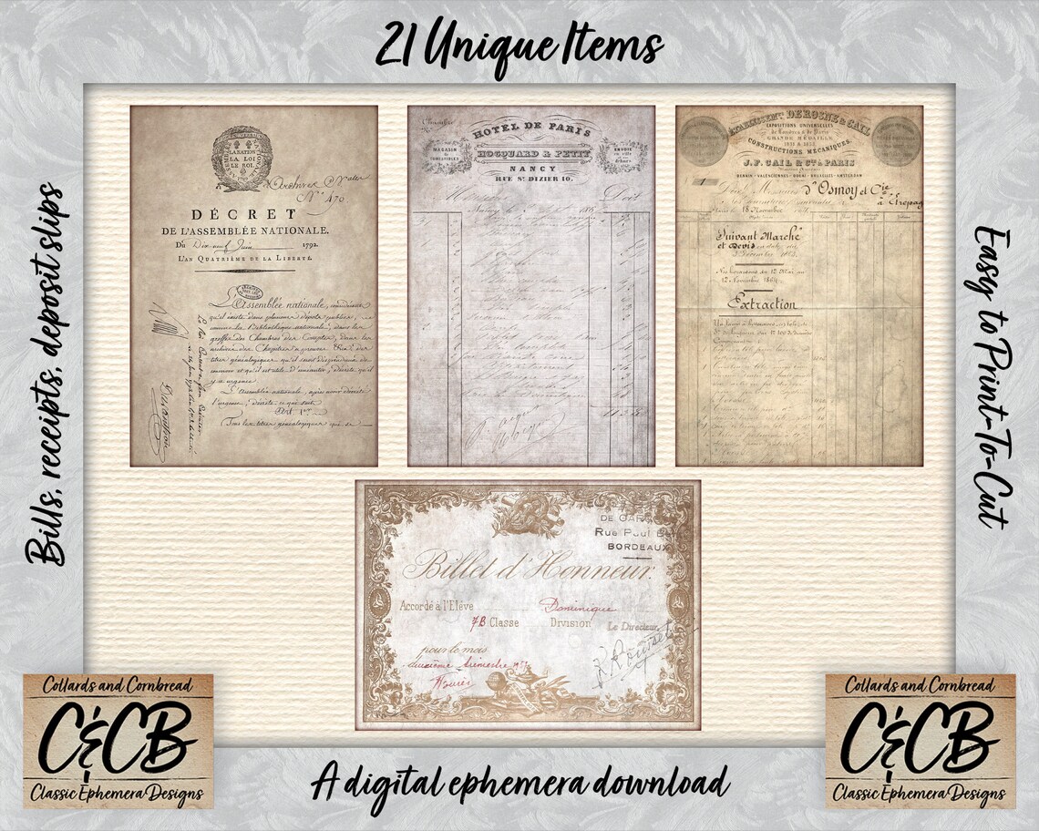 French Receipts Bills & Papers Ephemera Digital Download Set - Etsy