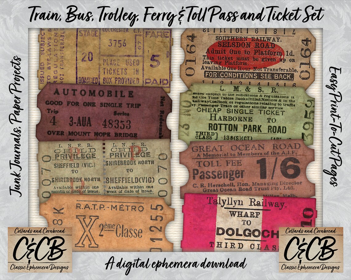Train Bus Trolley Ferry & Toll Passes and Tickets Printable - Etsy