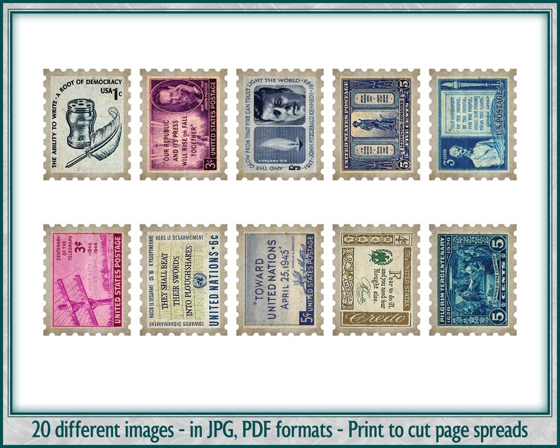 Aged Quotation Text Postage Stamps Digital Download Set Junk Journals ...