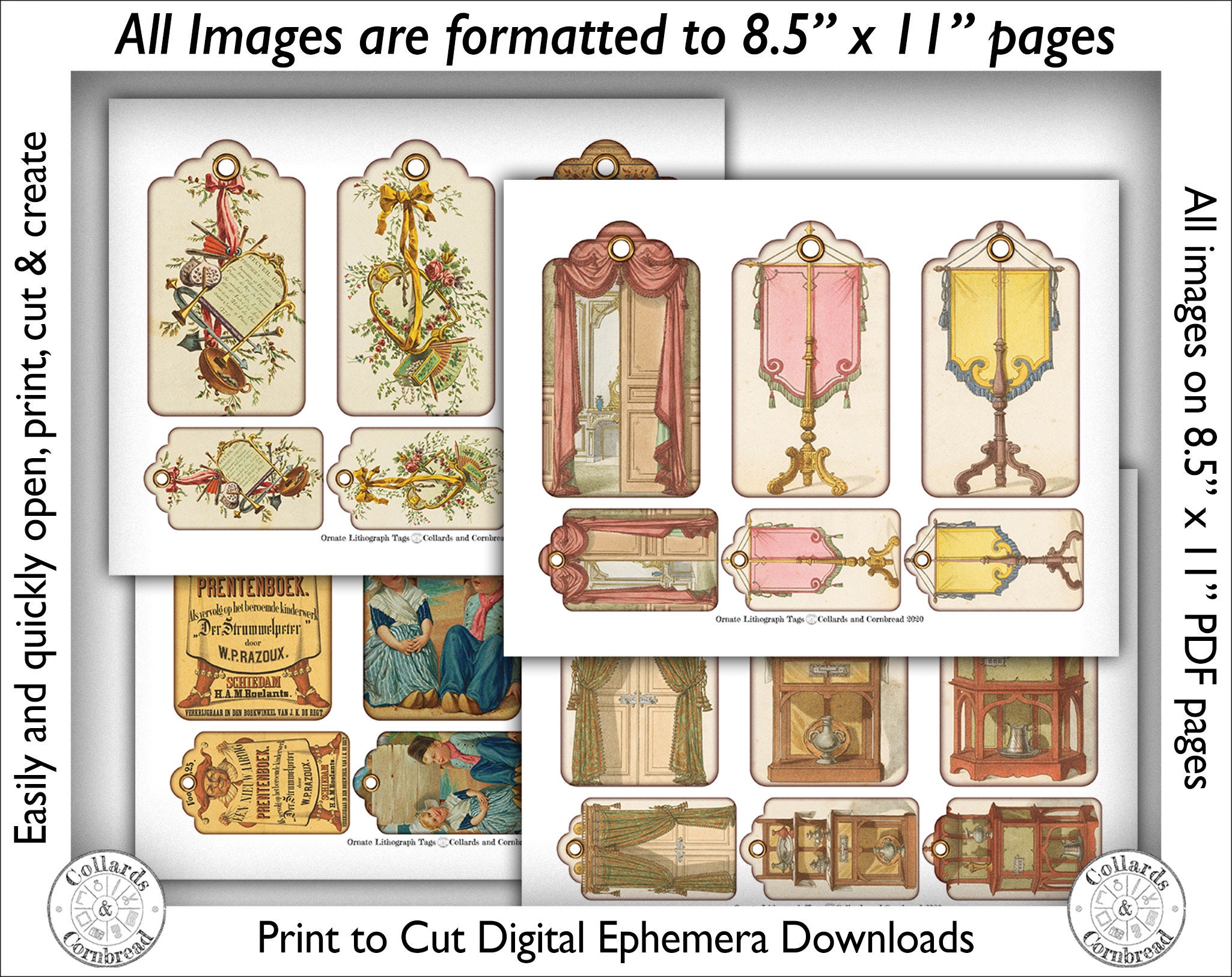 French Lithograph Ornamental Decorative Journaling Tags Printable ...