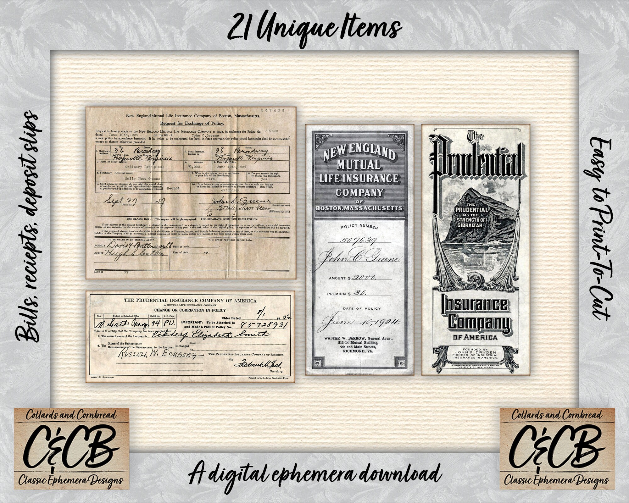 Reciept, Bill and Financial Ephemera Digital Download Set for Junk ...