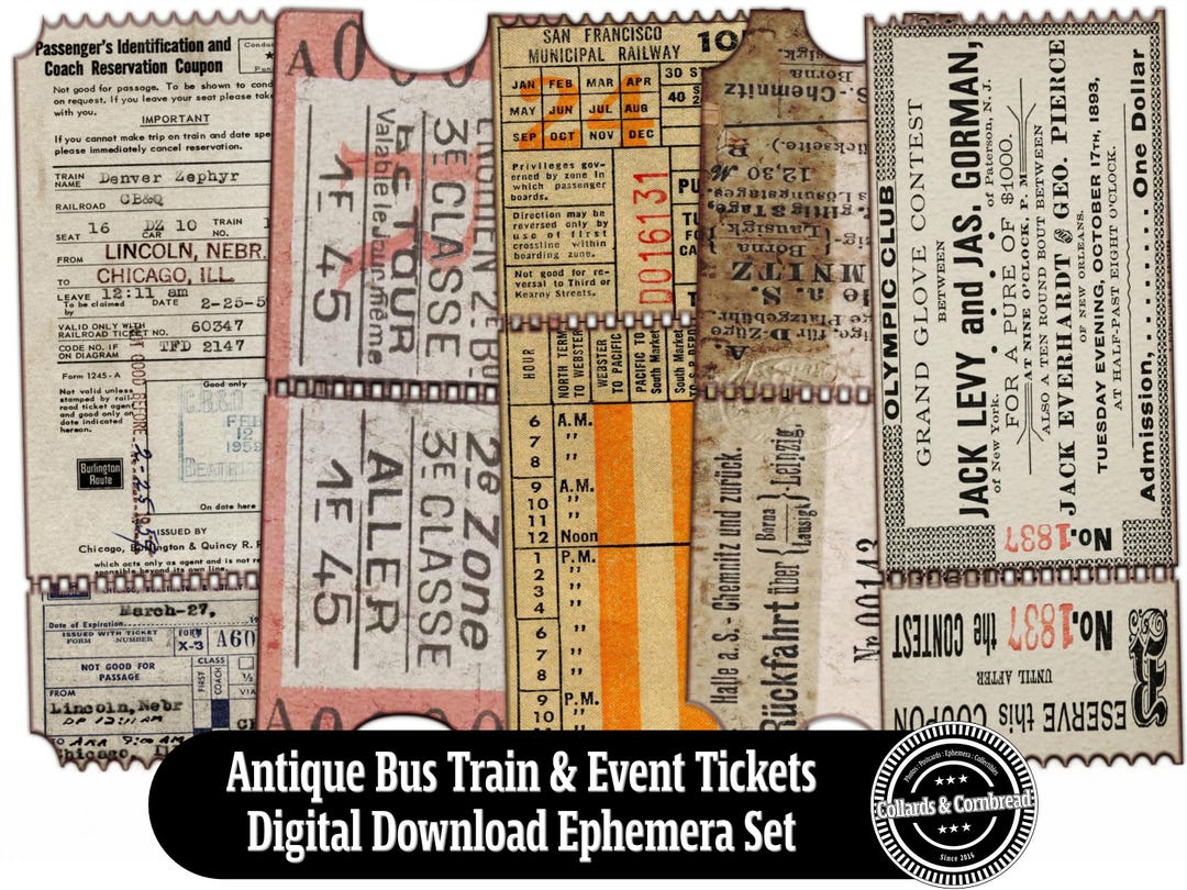 Vintage Ticket Ephemera, Printable Train, Bus and Event Stubs, Junk ...