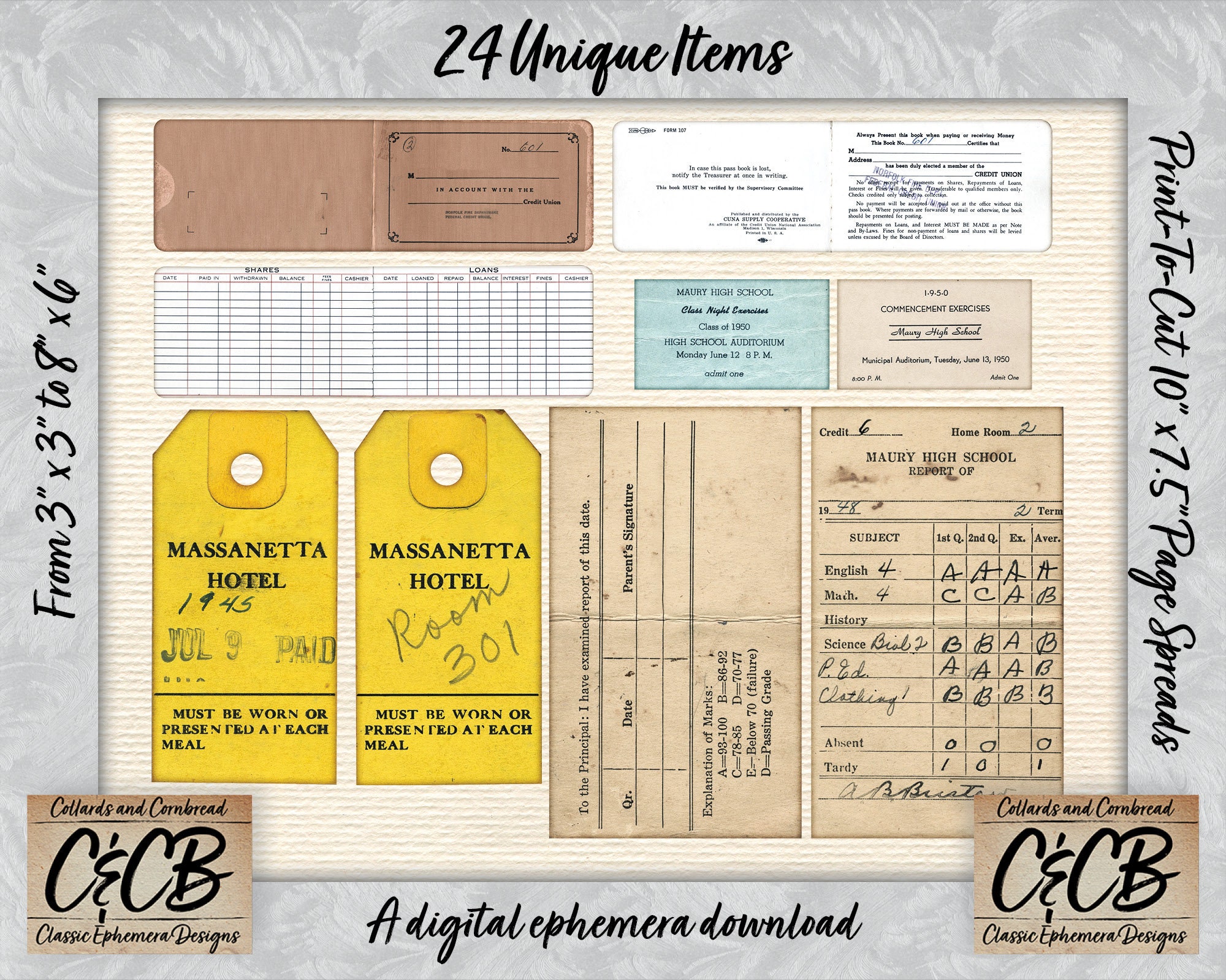 Vintage Report Cards, Tags & Papers Digital Download Ephemera Set for ...