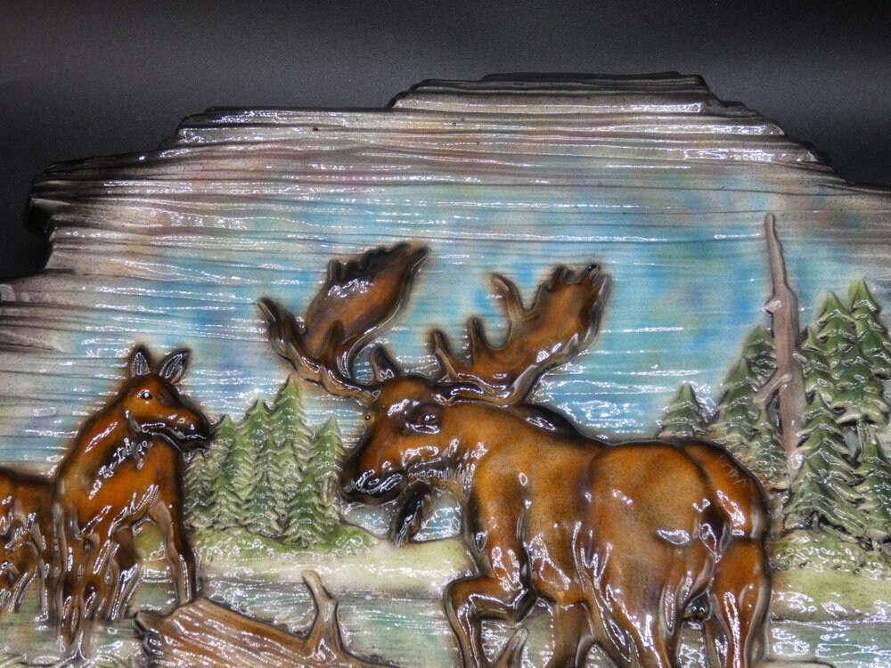 Vintage MCM Glazed Ceramic Moose Family Scene Wooded Log Wall - Etsy