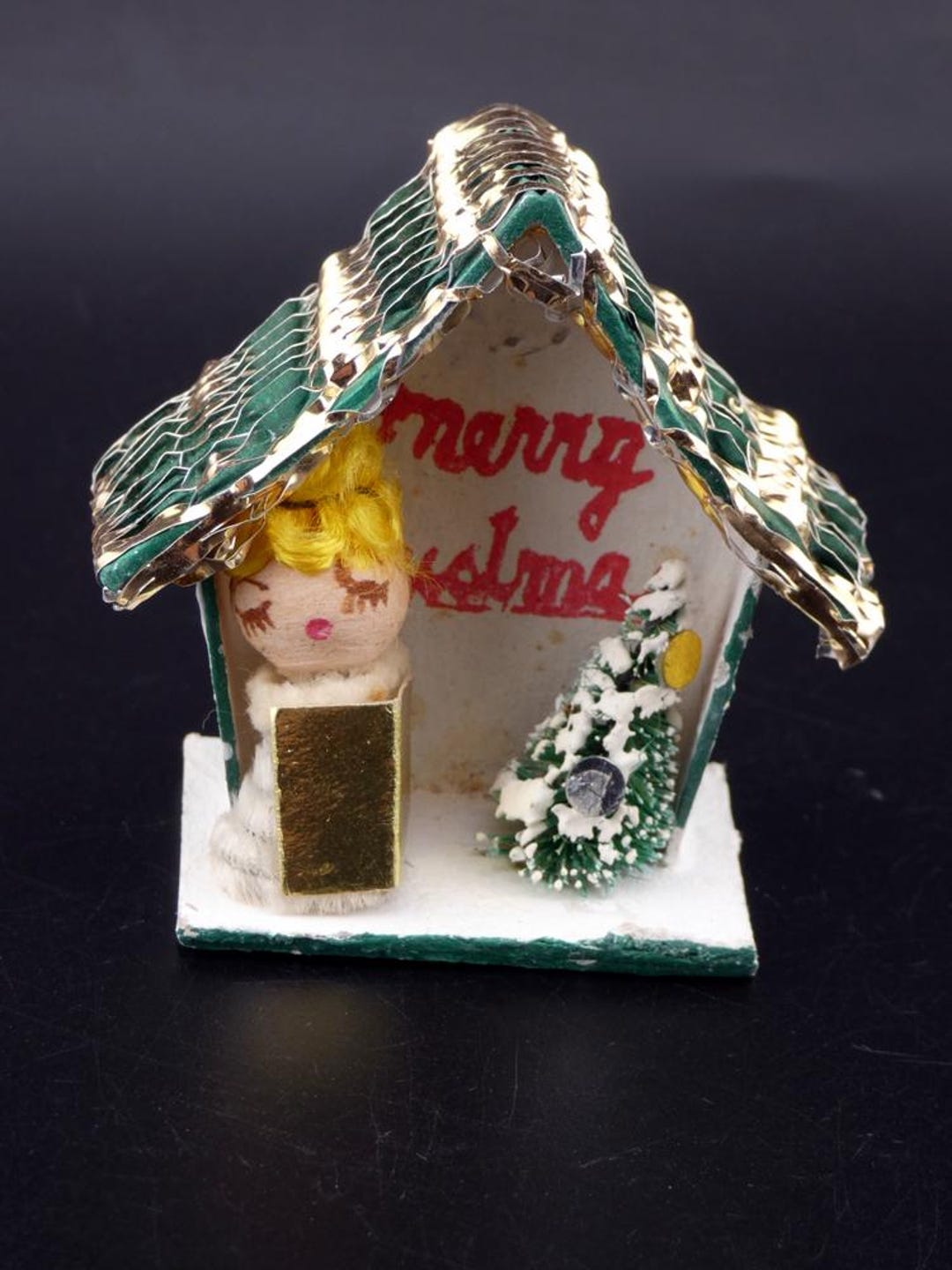 Vintage Christmas Putz Cardboard House With Foil Roof, Angel and Tree ...