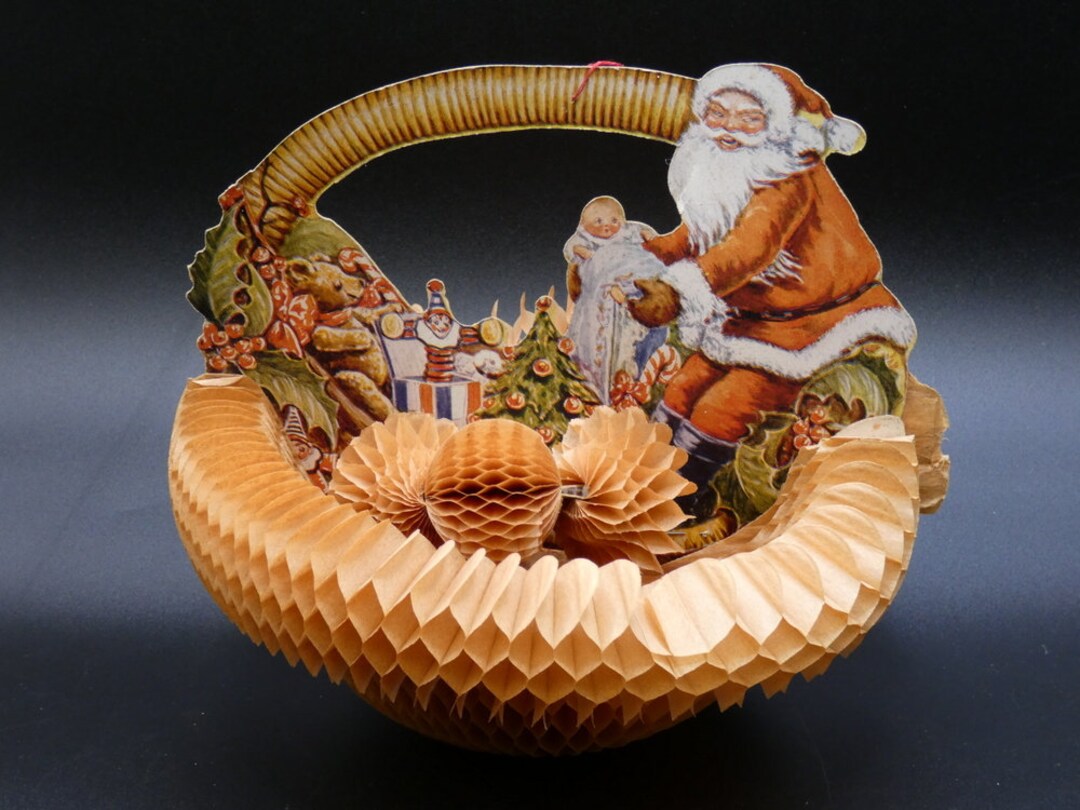 Vintage Christmas 1920s Beistle Santa Claus in Honeycomb Crepe Basket ...