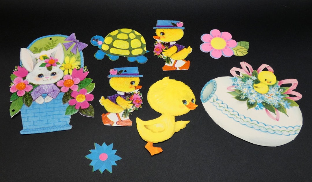 Vintage Easter Cardboard Cut Outs Bunnies Chicks Egg Flowers ...
