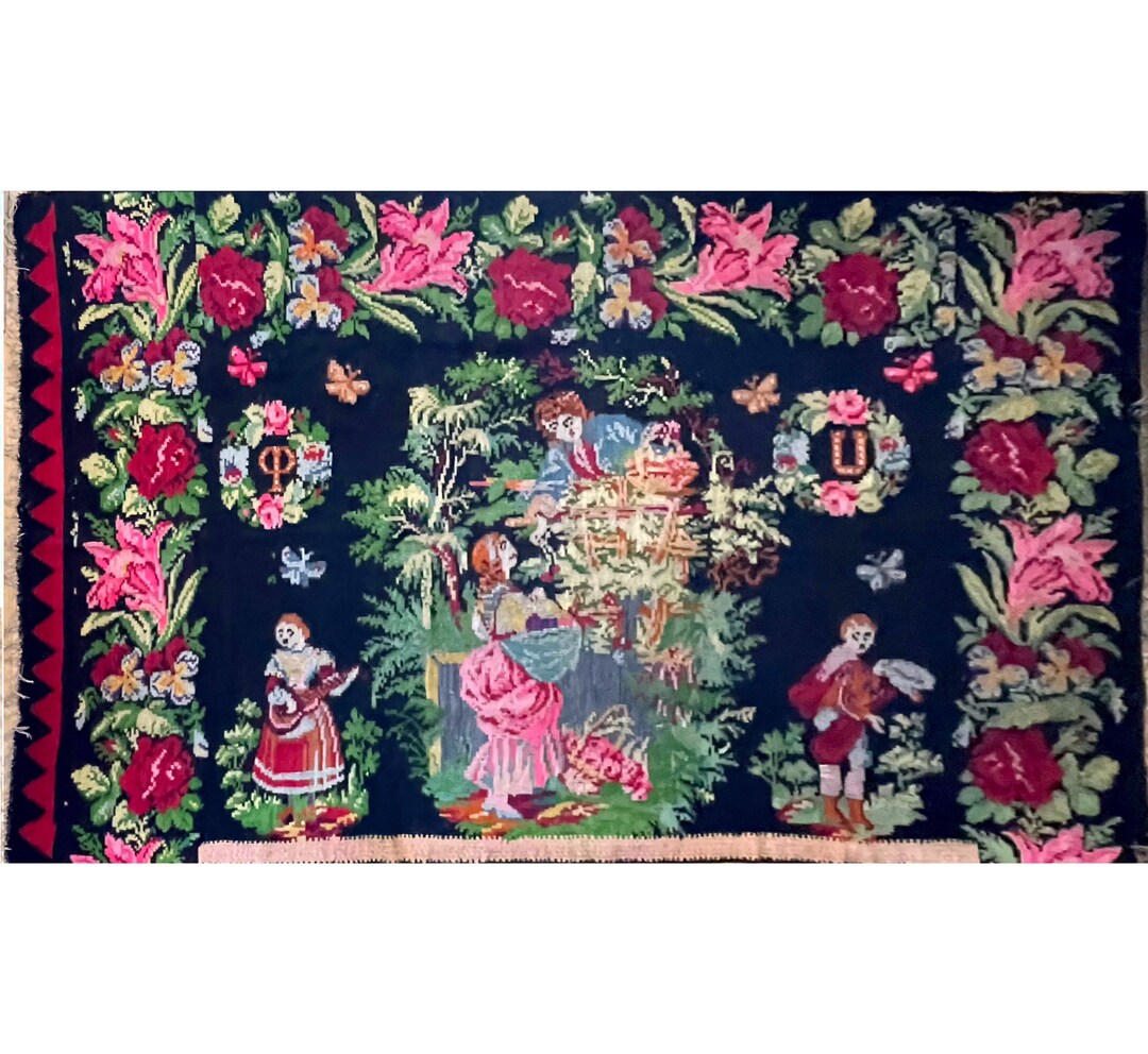 Antique Romanian Gorgeous Rug, Handwoven in Wool, Black Background With ...