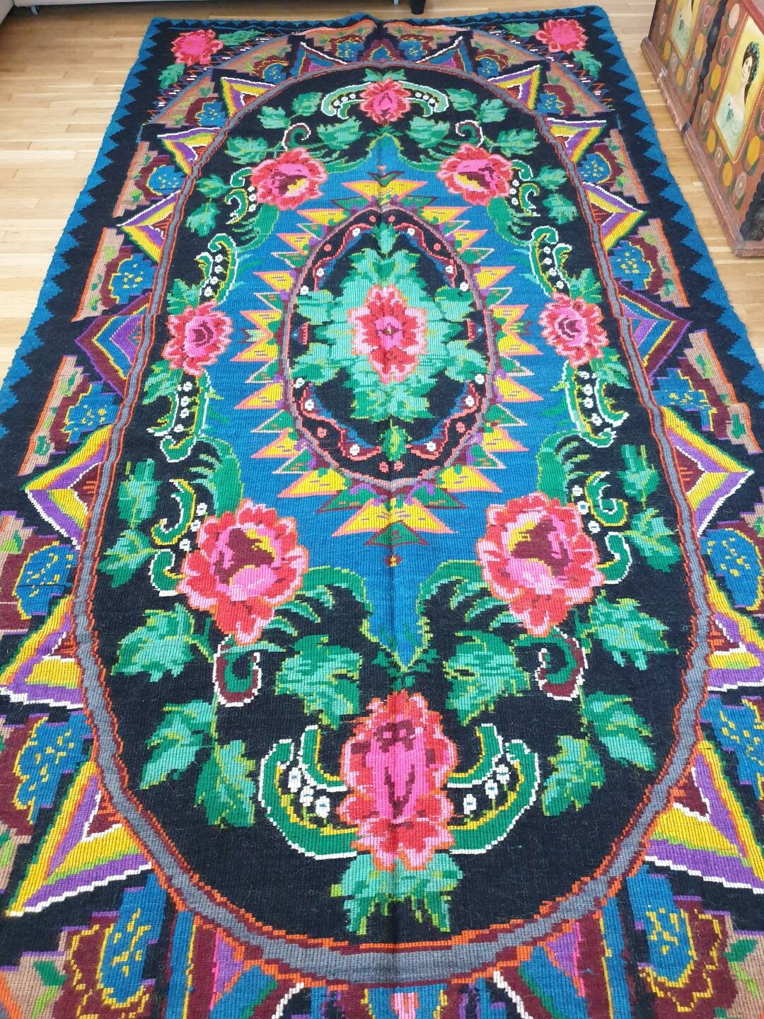 Large Handmade Romanian Rug 330x160cm With Amazing Bohemian Floral ...